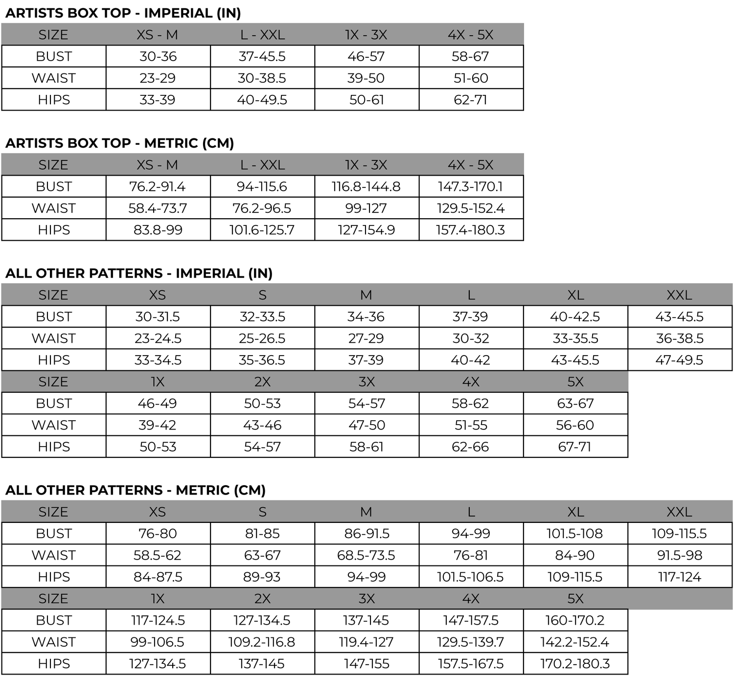 Size Charts — Taryn Singleton
