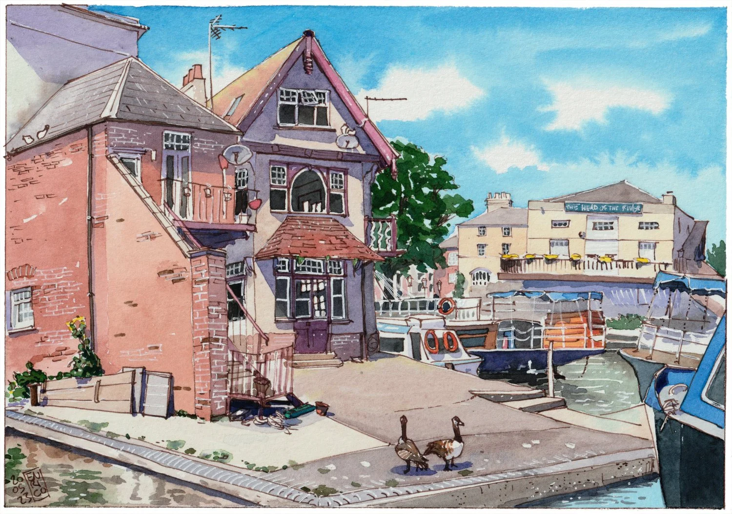 Ink and watercolor drawing of the Thames river in Oxford, just after ...