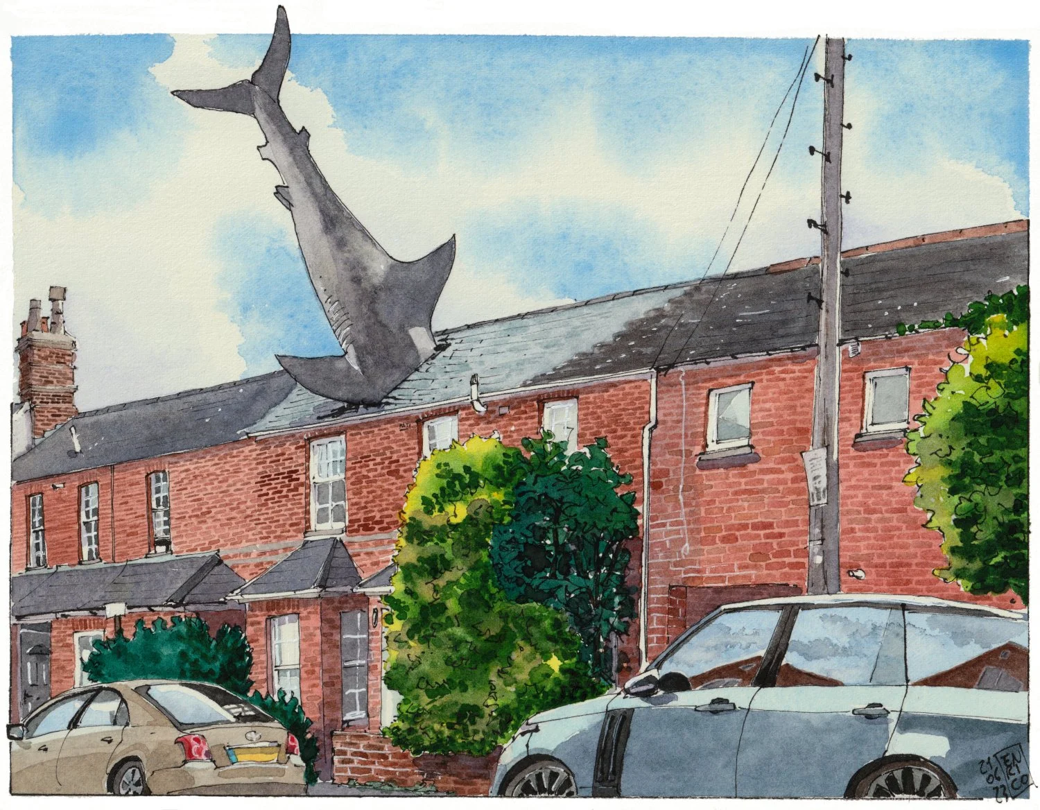 Ink and watercolor drawing of the house with the shark, in Headington ...