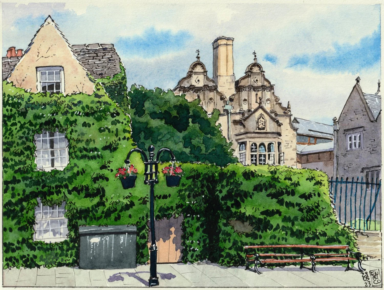 Ink and watercolor drawing of Trinity College, viewed from Broad St ...