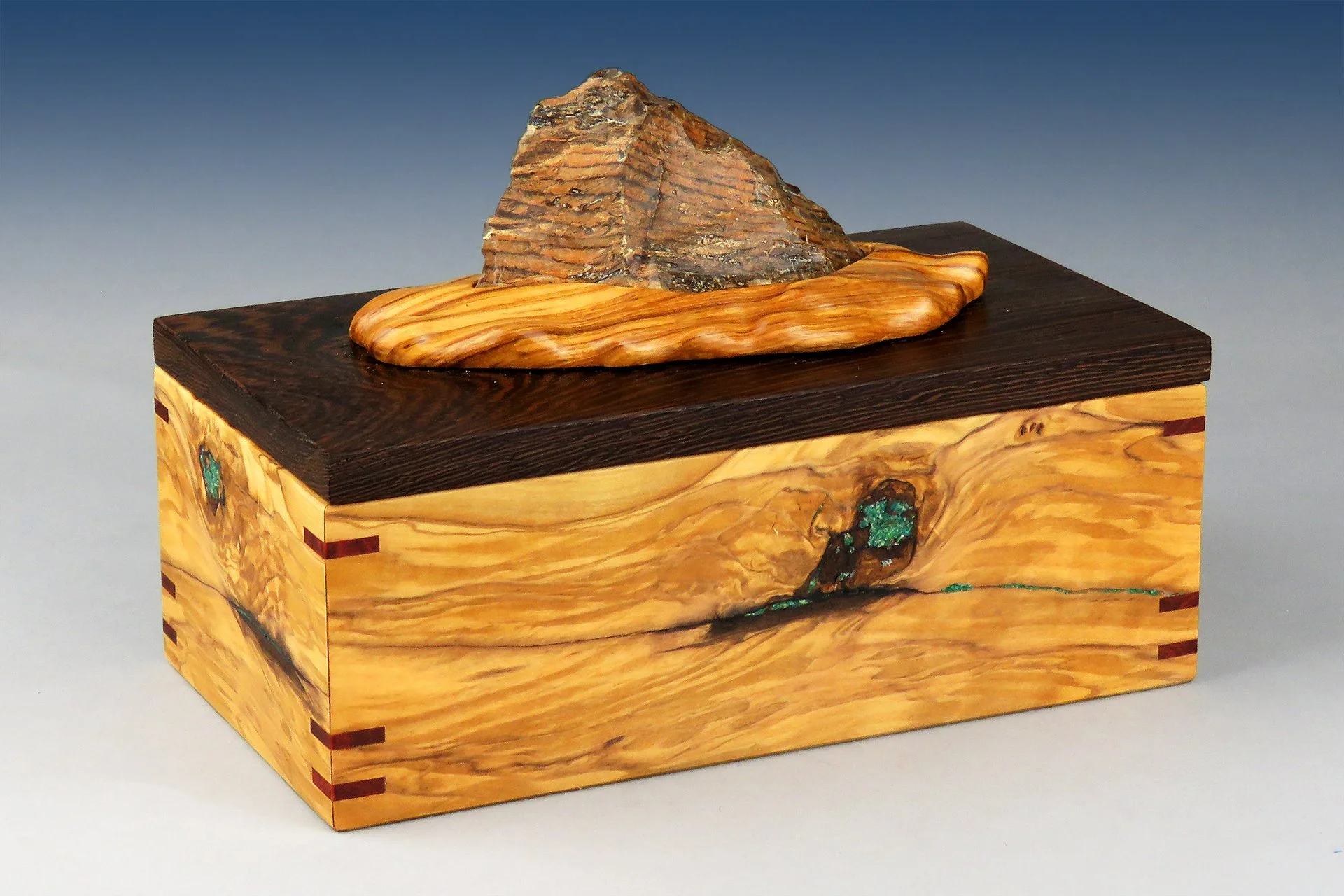 Unusual Handmade Wood Keepsake Box with Banded Flint and Malachite ...