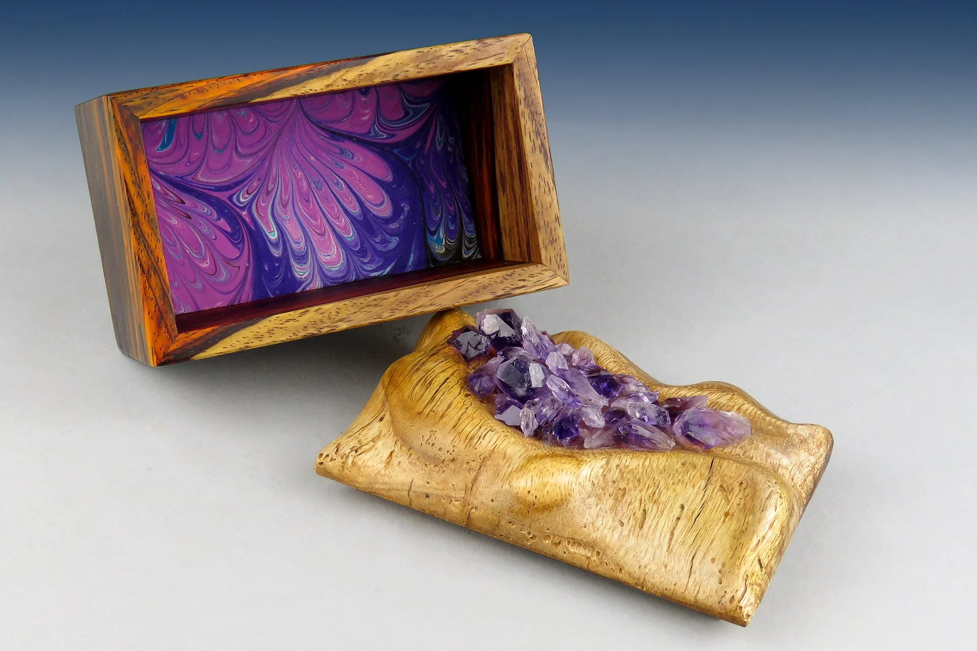 Unusual Handmade Wooden Keepsake Box With Amethyst Crystals Dead