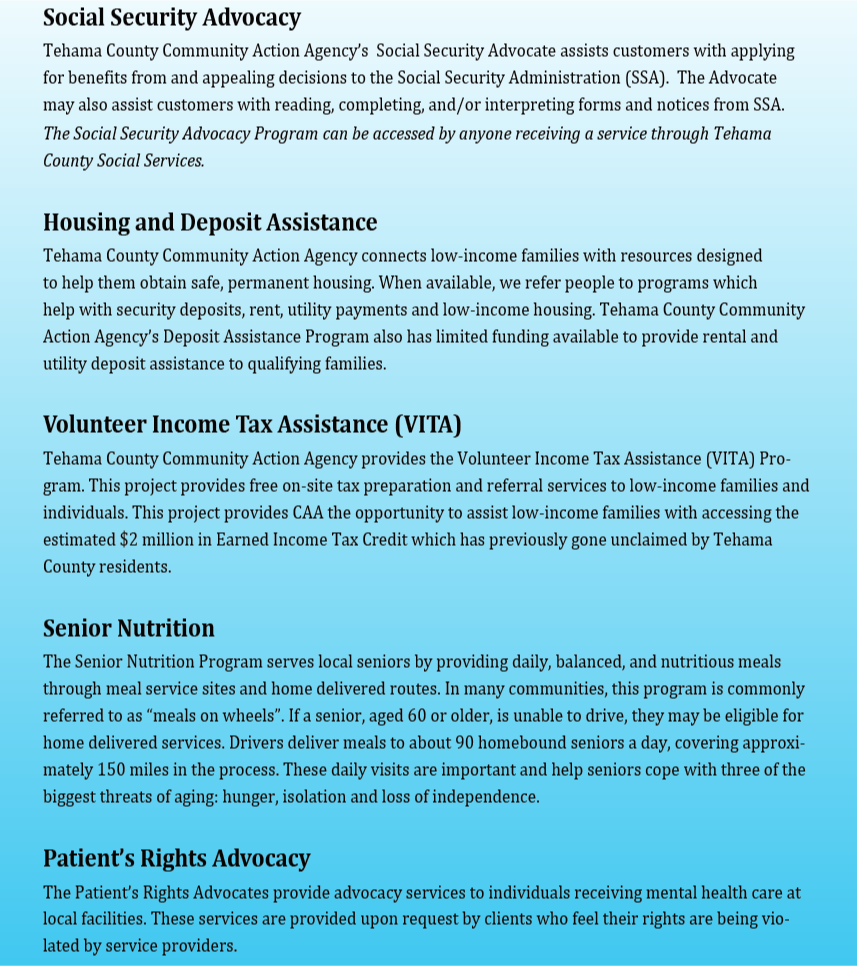Ongoing CAA Programs — Tehama County Community Action Agency