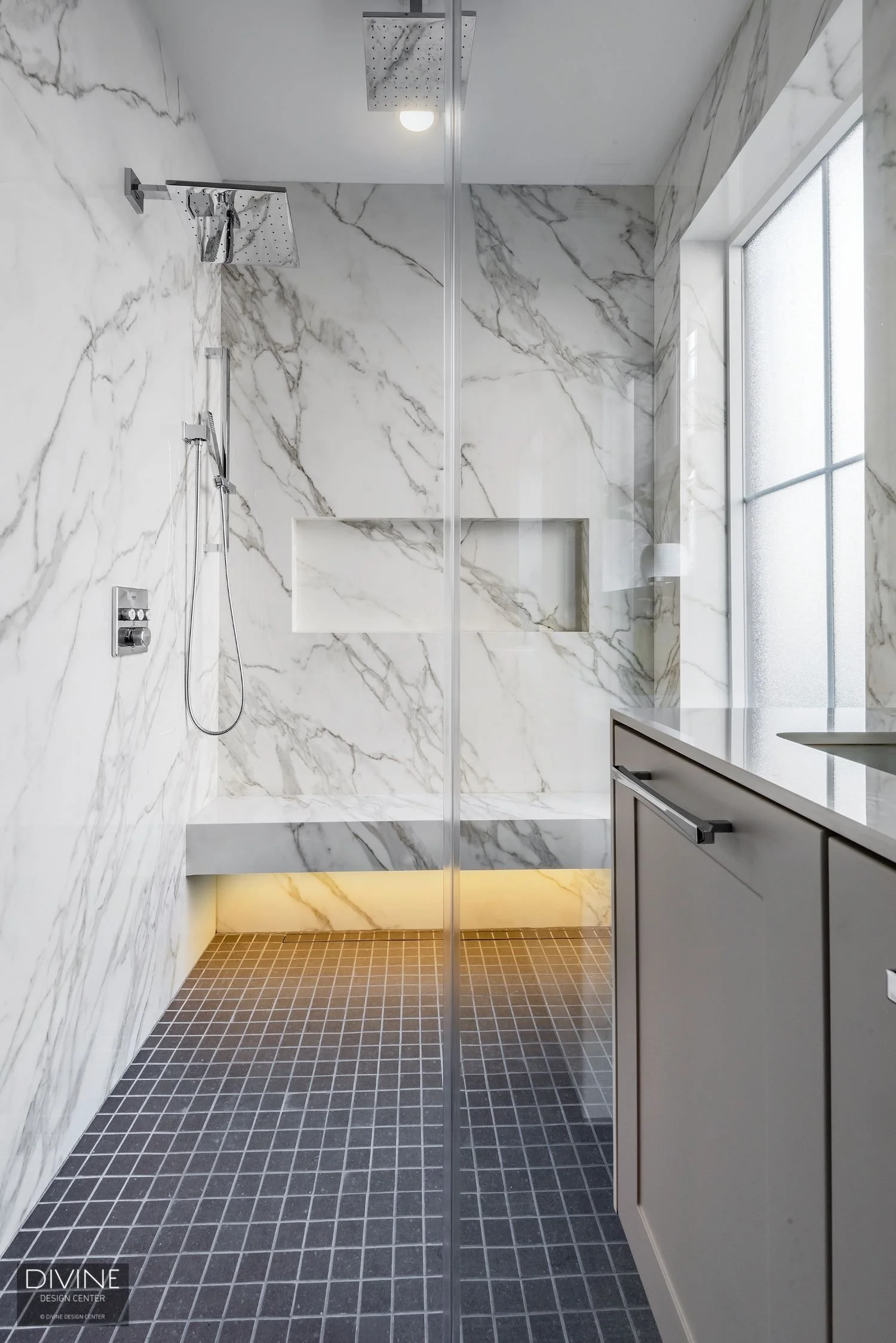 Boston South End Modern Bathroom Clad in Neolith Calucatta Gold — Divine Design Center