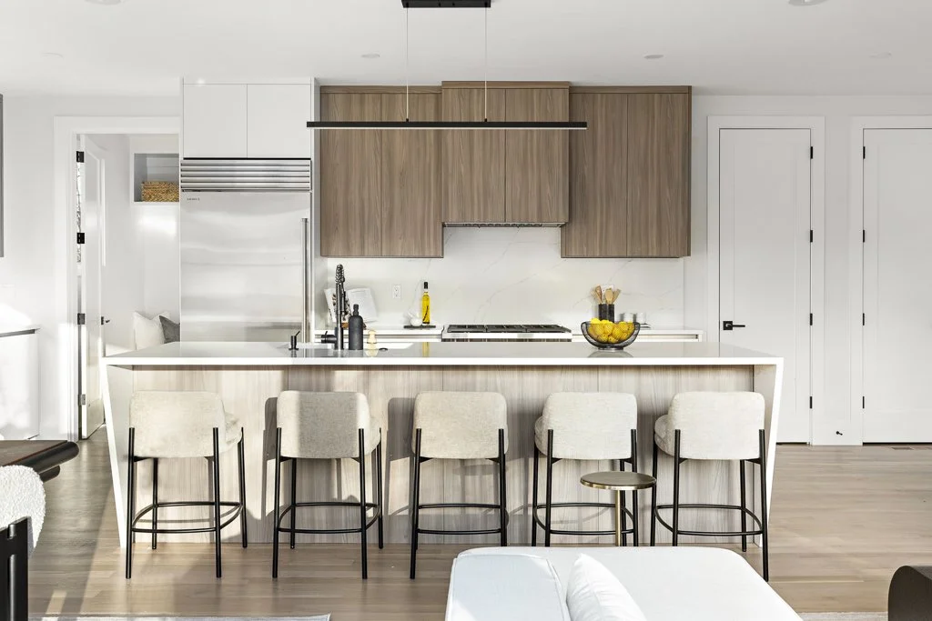 Gorgeous Wood Kitchen with Angled Waterfall Island in Newton, MA ...