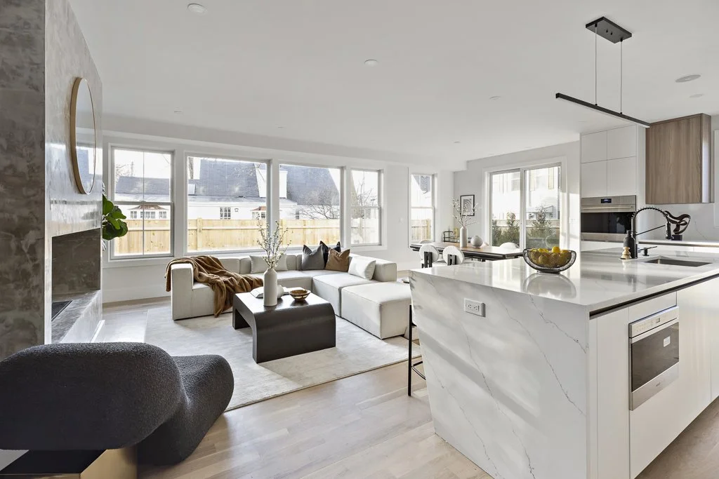 Gorgeous Wood Kitchen with Angled Waterfall Island in Newton, MA ...