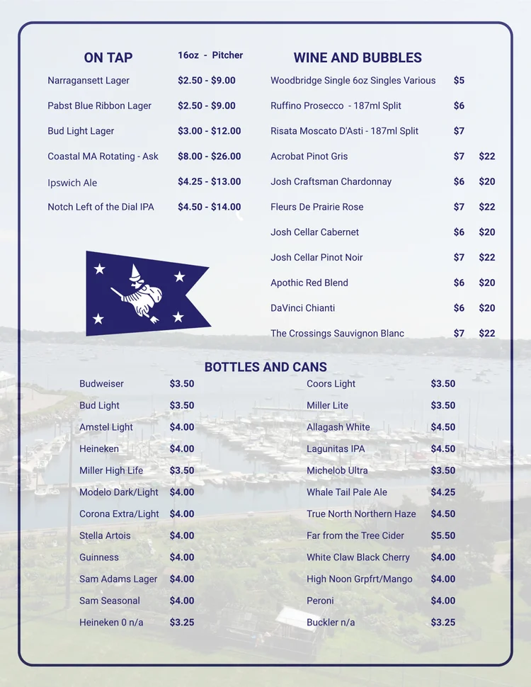 Bar Menu — Palmer's Cove Yacht Club