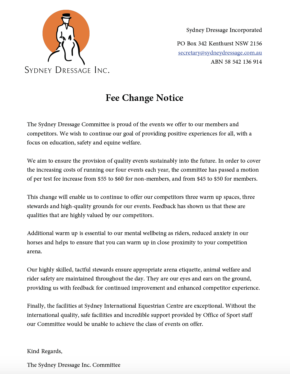 Fee Change Notice — Sydney Dressage Inc.