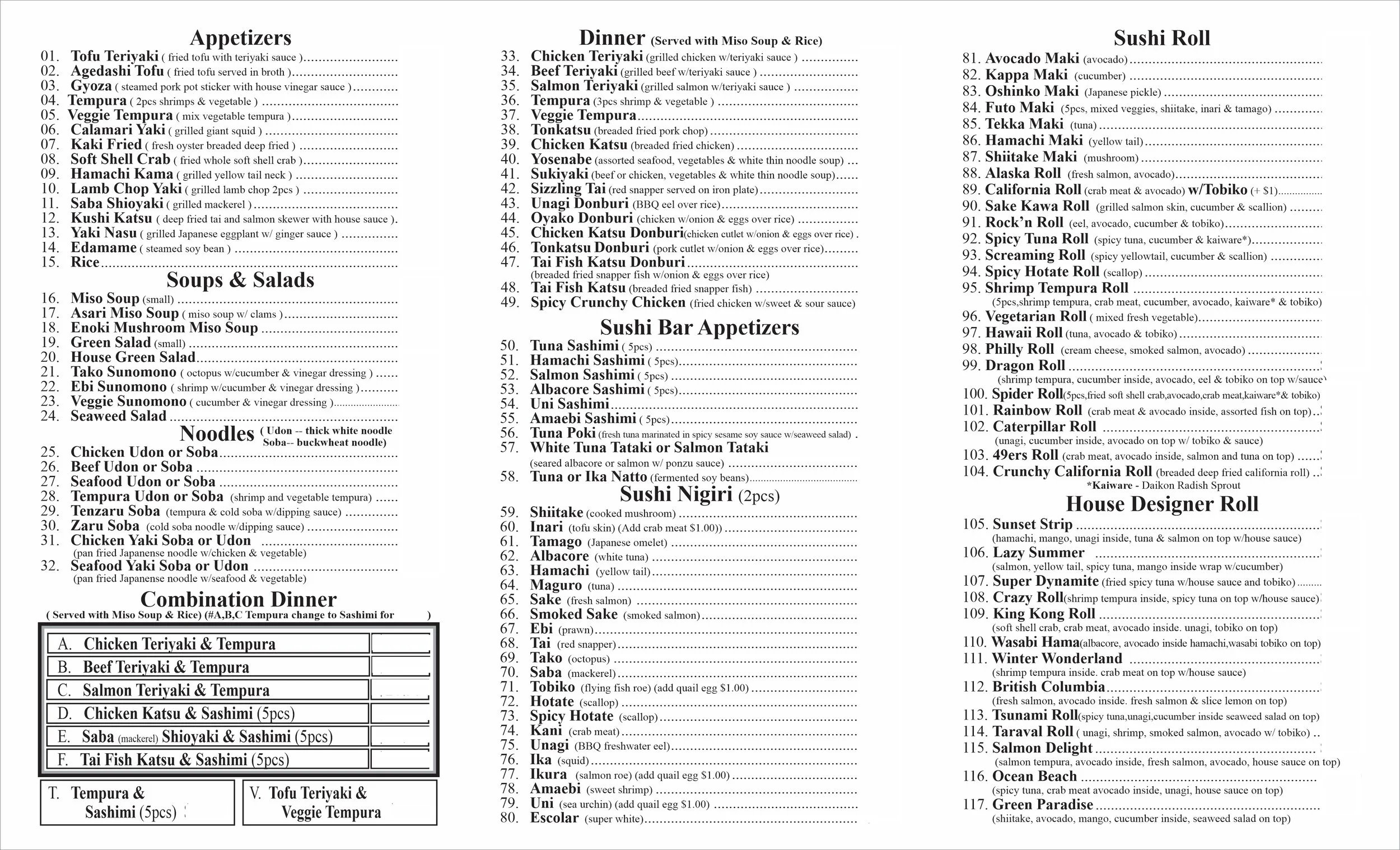 Sushi Zen Menu — Sushi Zen