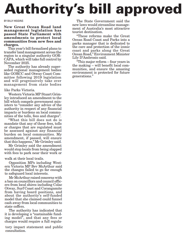 Authority's bill approved — Beverley McArthur MP