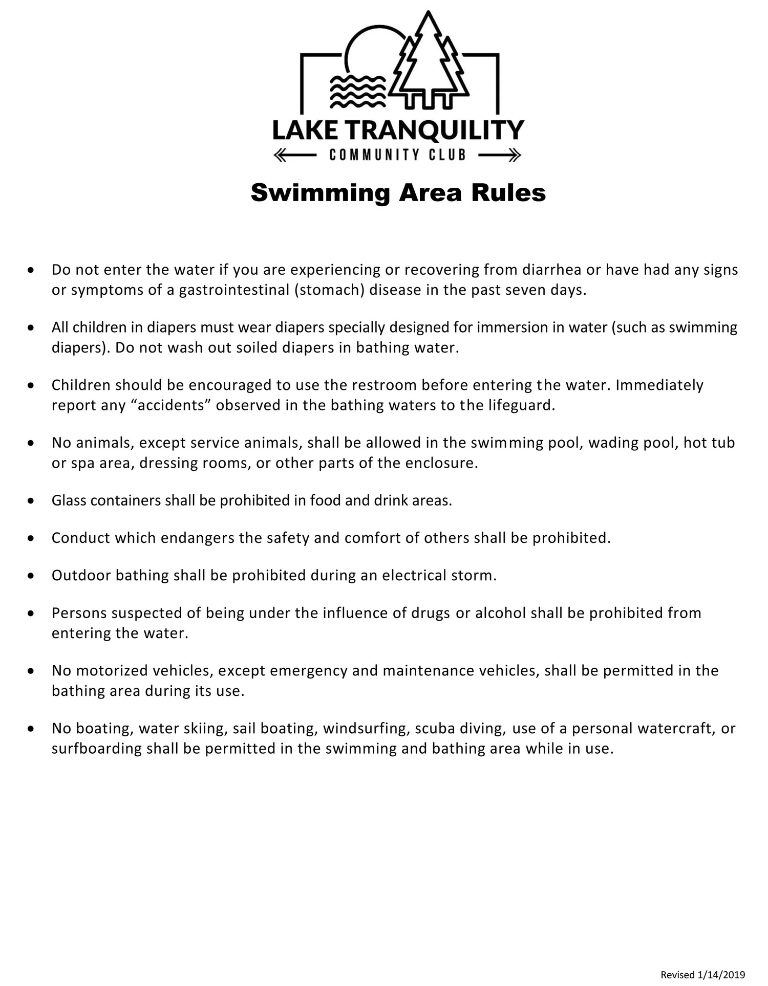 Swimming Area Rules — Lake Tranquility Community Club