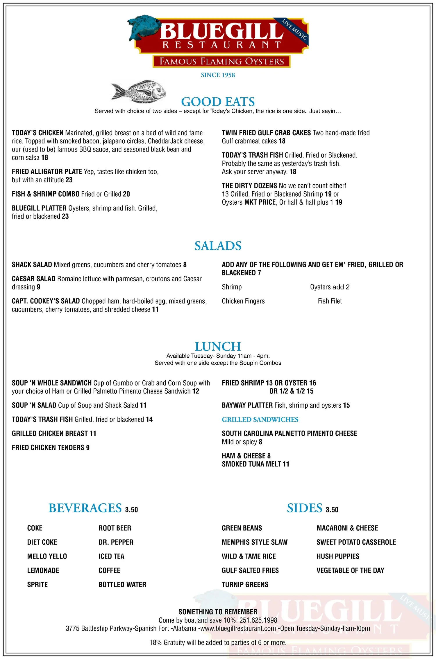 Menu — Bluegill Restaurant