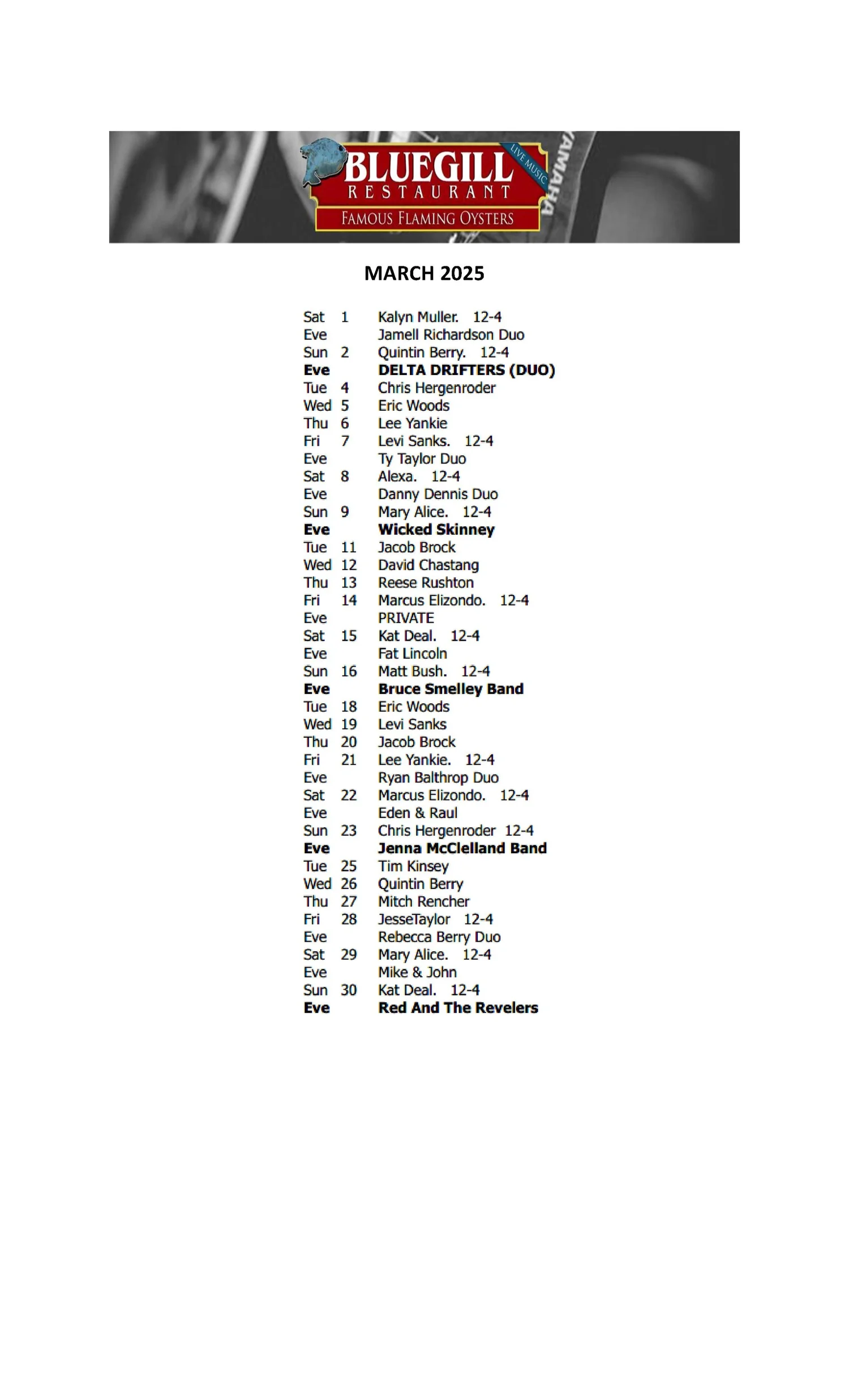 Music Calendar — Bluegill Restaurant