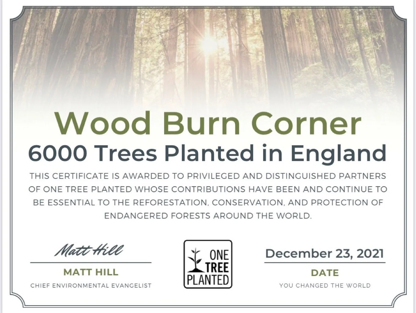 Donate to One Tree Planted 2021 — Wood Burn Corner