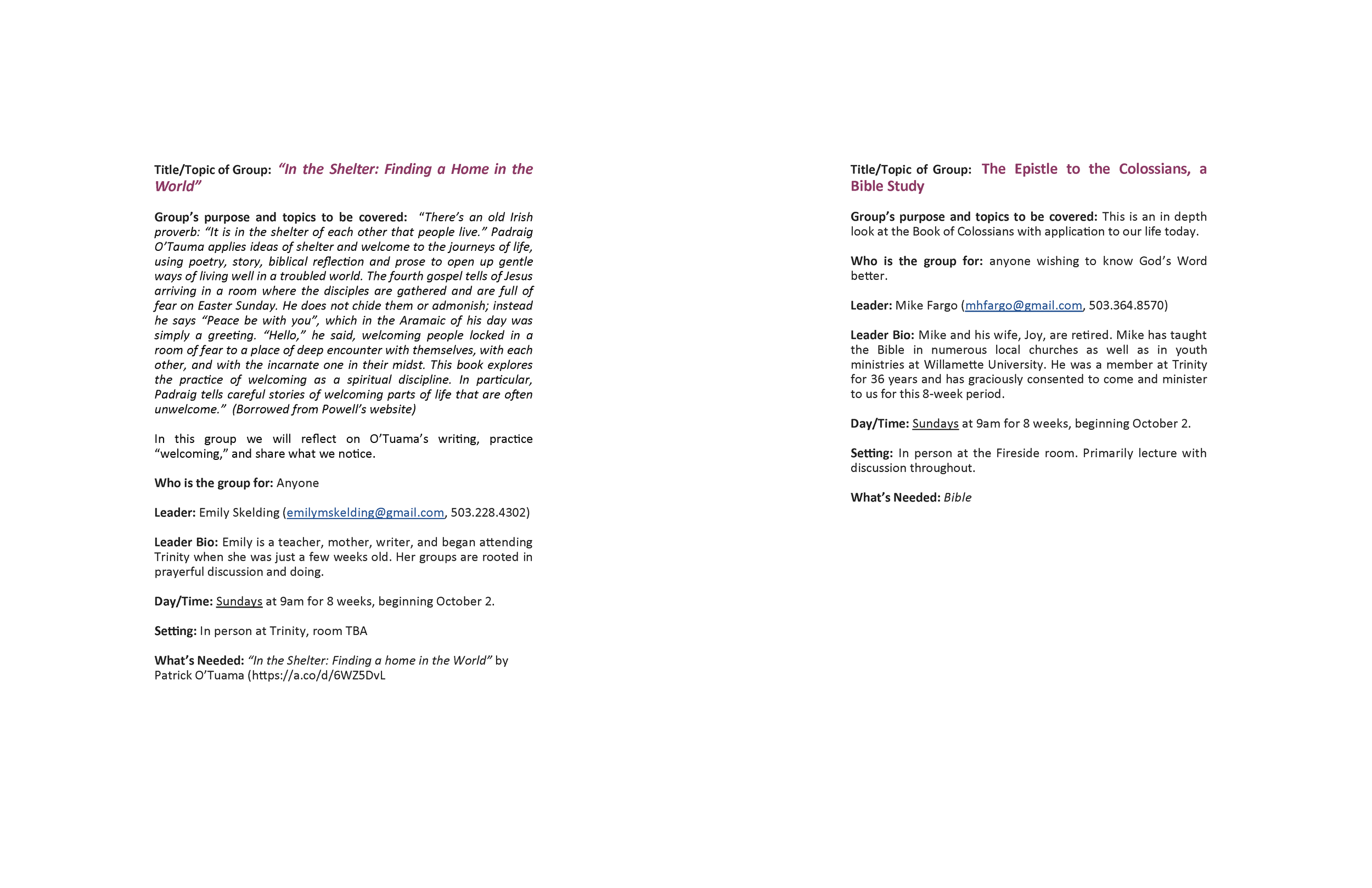 Adult small groups booklet — Trinity Covenant Church