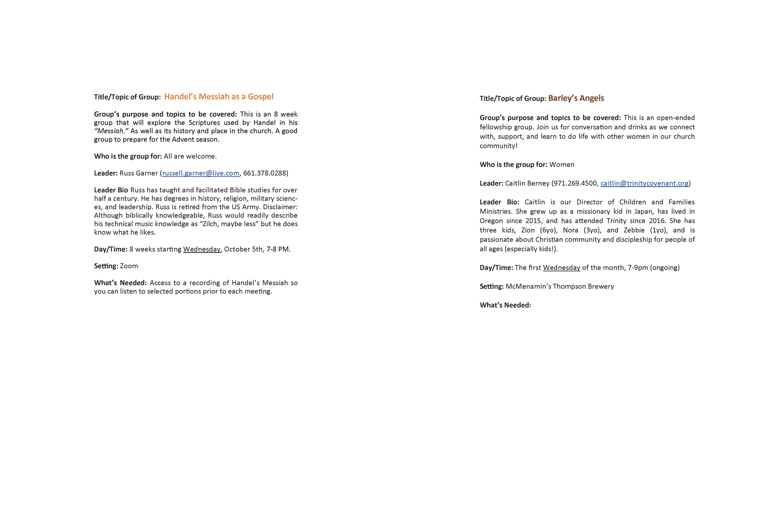 Adult small groups booklet — Trinity Covenant Church