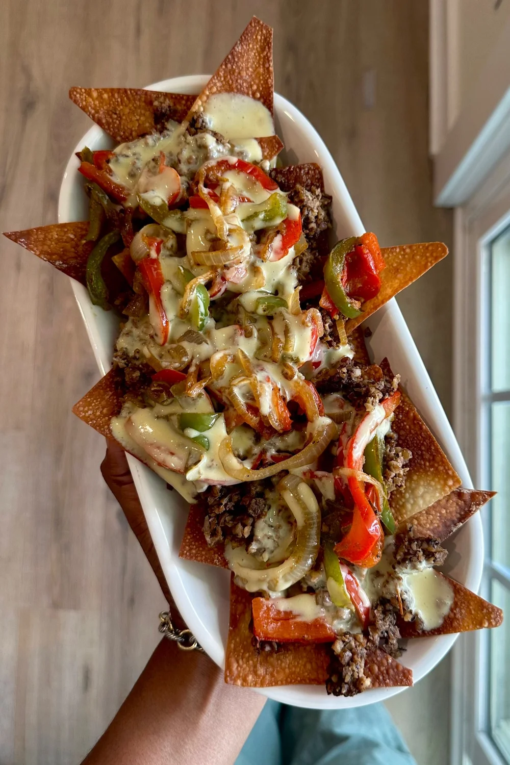 Vegan Philly Cheesesteak Wonton Nachos — Sweet Greens Vegan