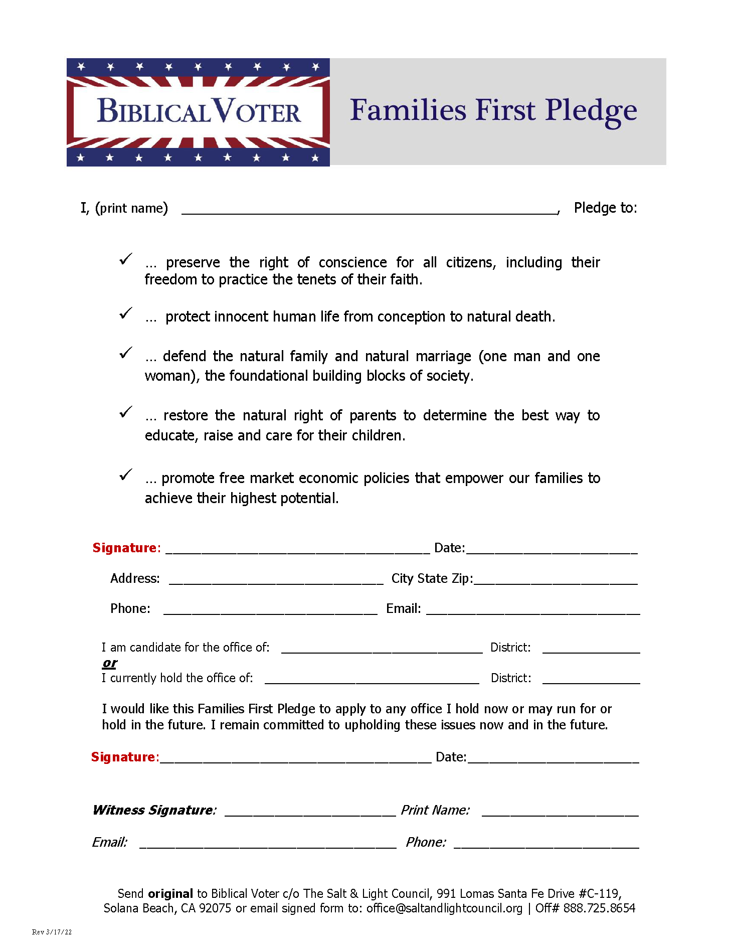 Families First Pledge — Biblical Voter