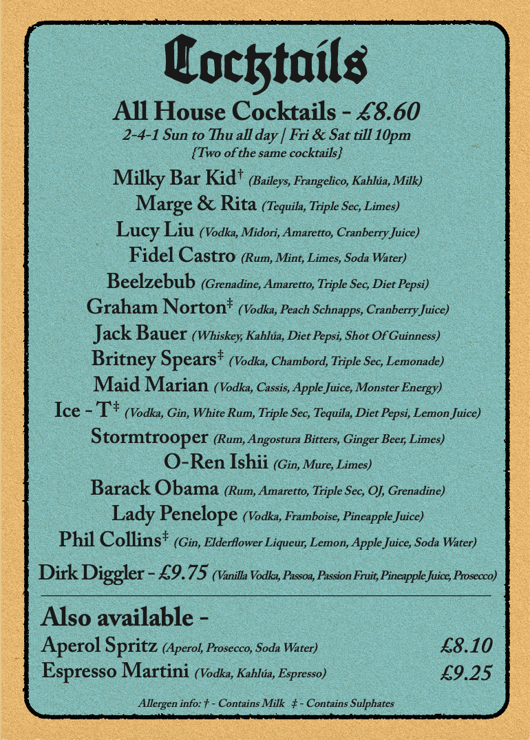 Dusk. Independant cafe bar in central York — dusk cocktail menu