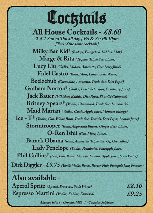 Dusk. Independant cafe bar in central York — dusk cocktail menu