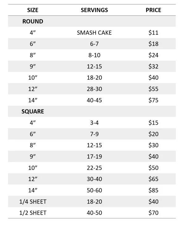 Cake Sizes Servings and Prices — Starry Night Bakery