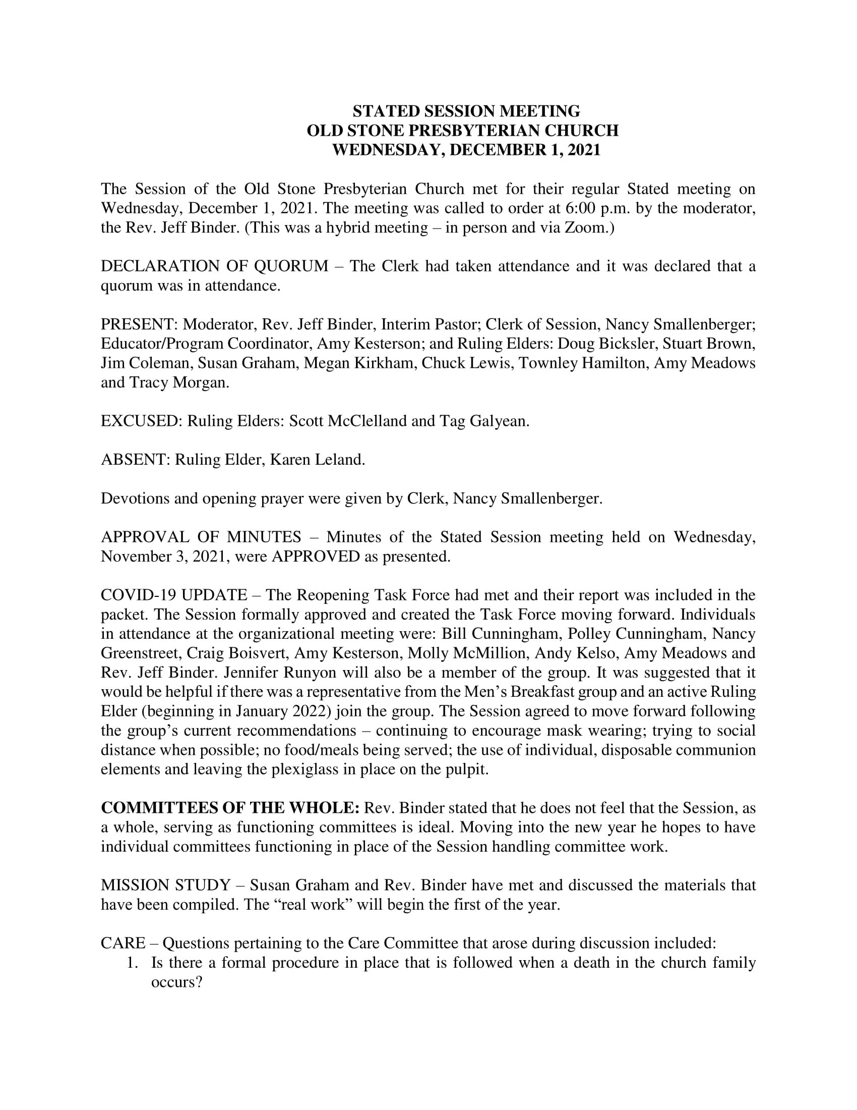 Annual Reports and Session Information — Old Stone Presbyterian Church