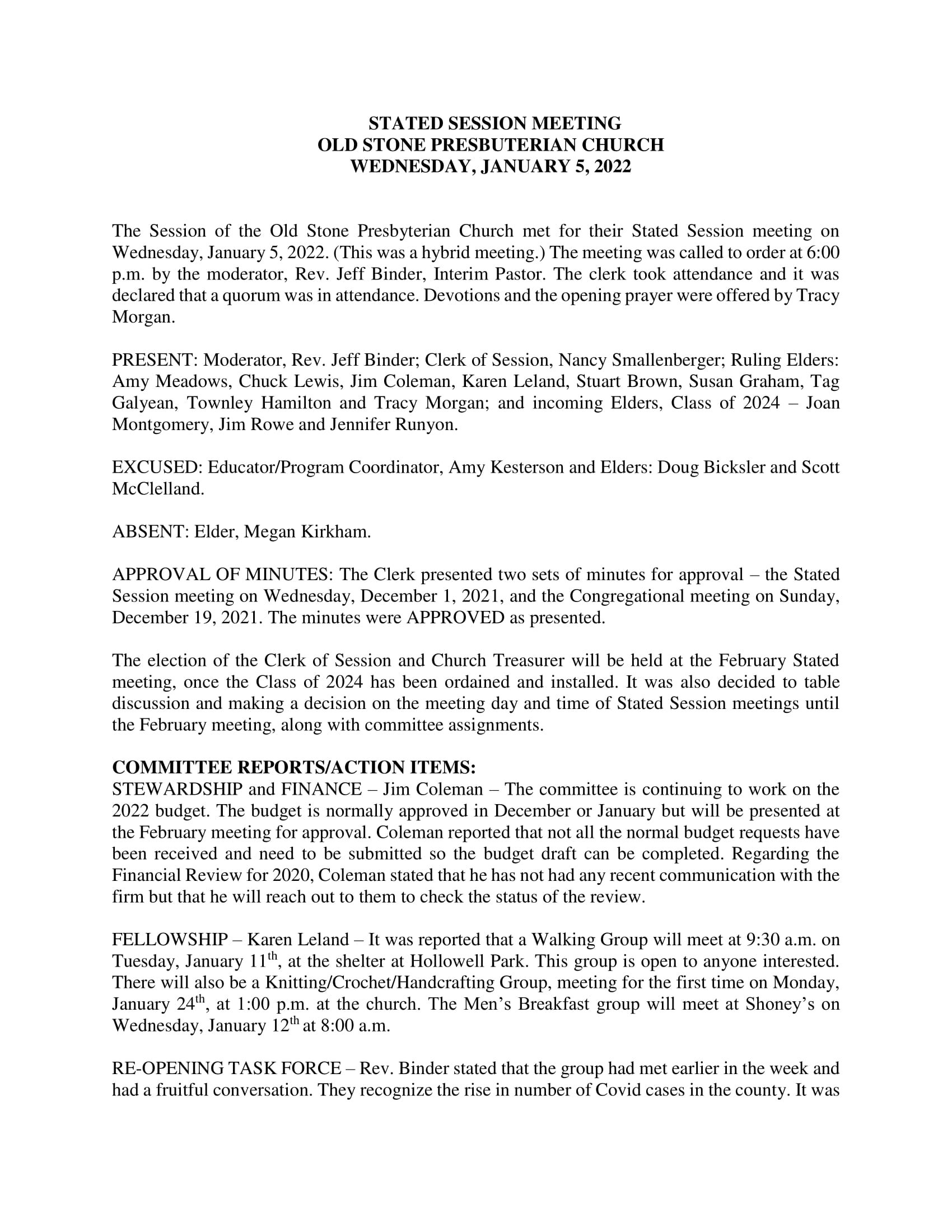 Annual Reports and Session Information — Old Stone Presbyterian Church