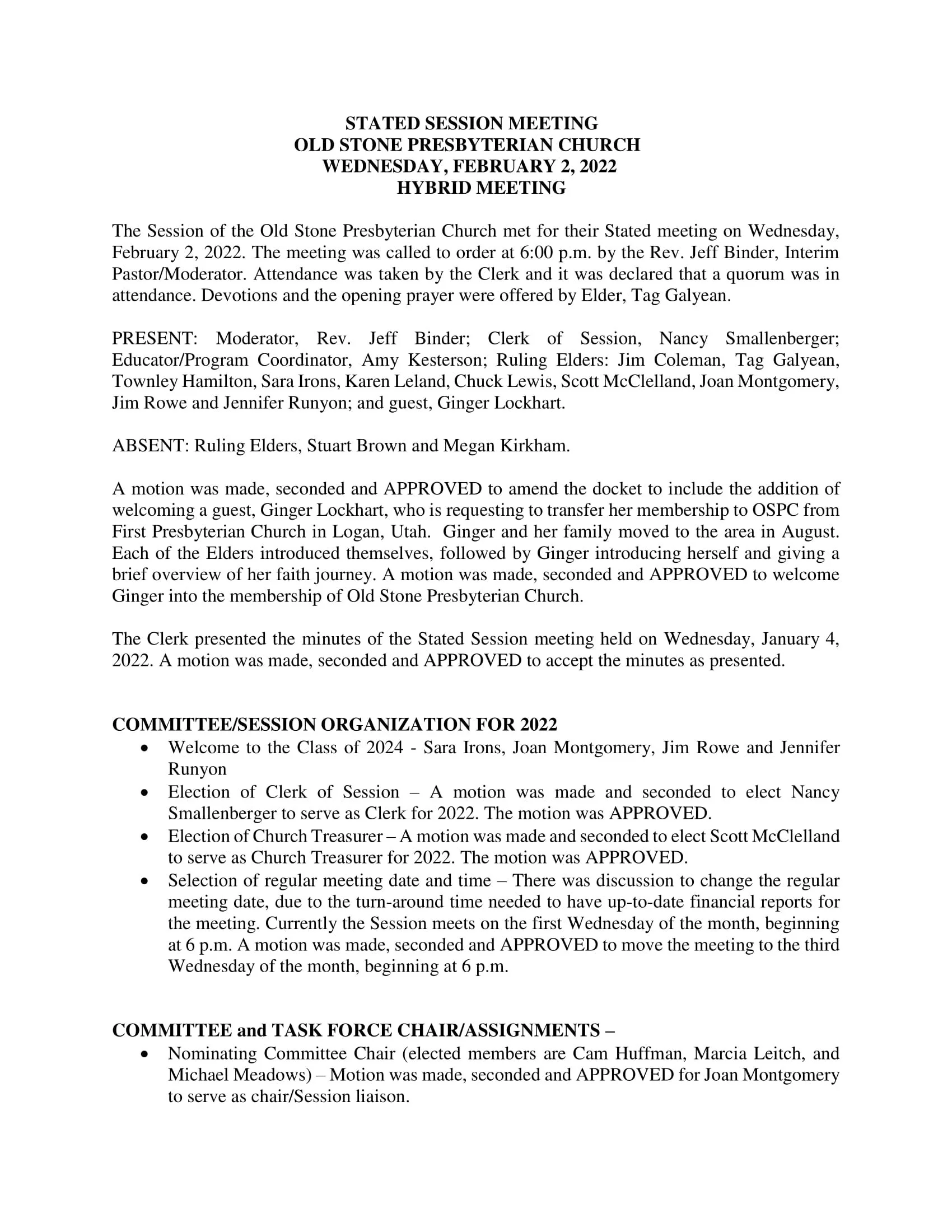 Annual Reports and Session Information — Old Stone Presbyterian Church