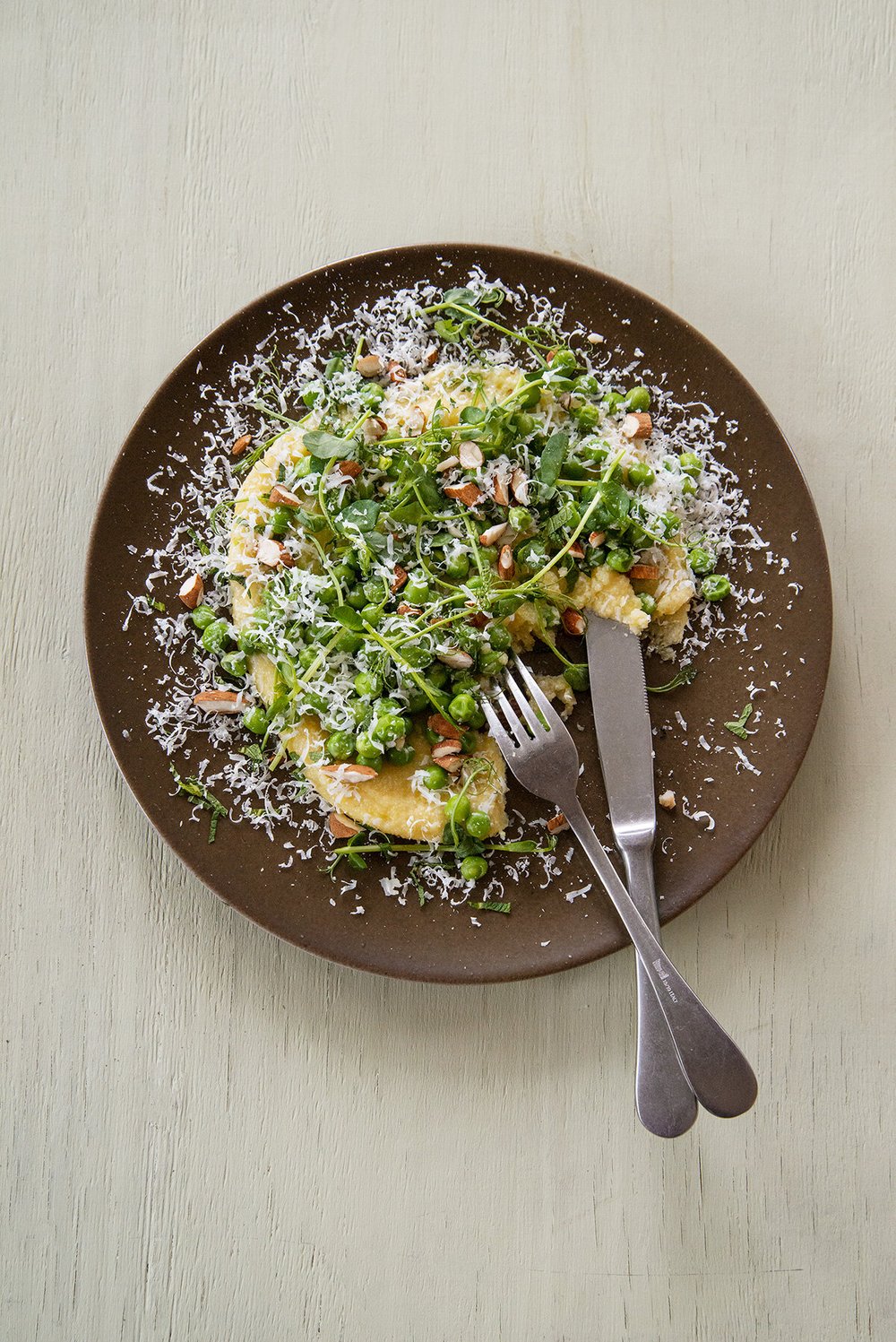 POLENTA WITH PEAS, PECORINO AND ALMONDS — Billy White, chef