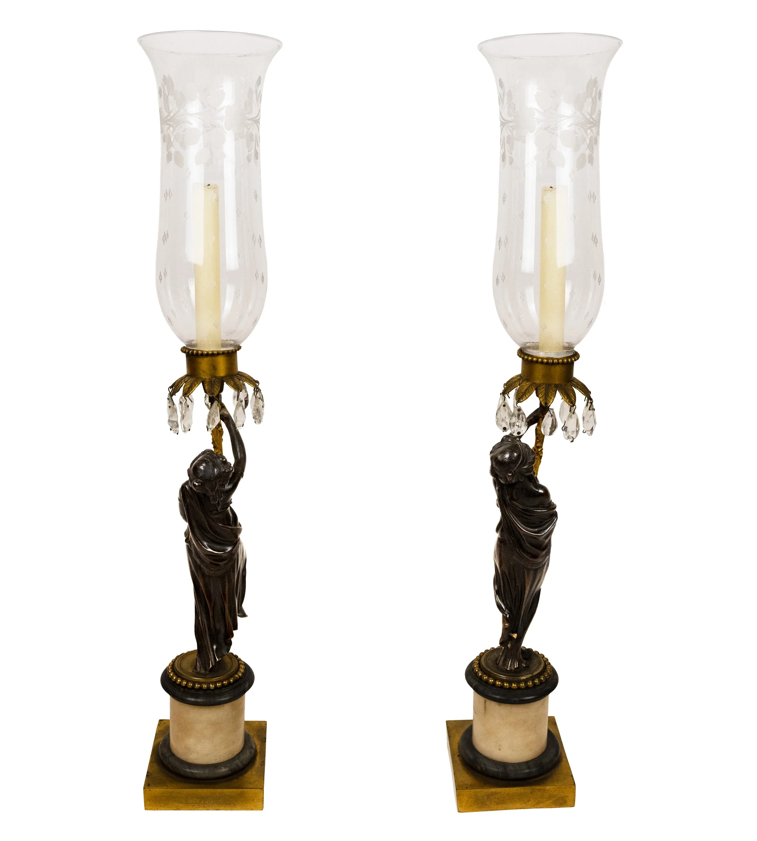 Pair of French Louis XVI-Style Candlesticks with Etched Hurricane ...