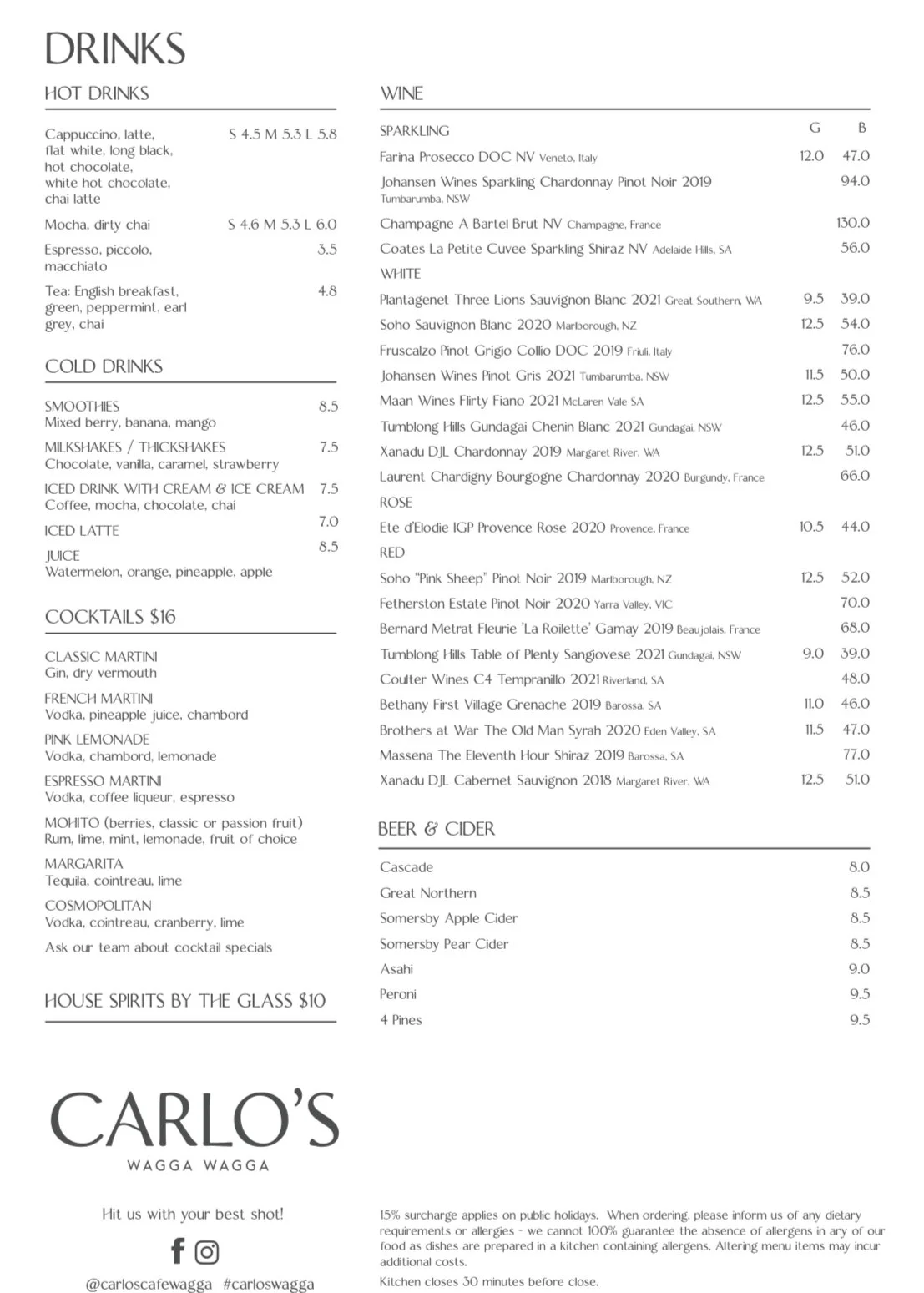 Menu — Carlo's Cafe & Restaurant Wagga | Wagga Catering