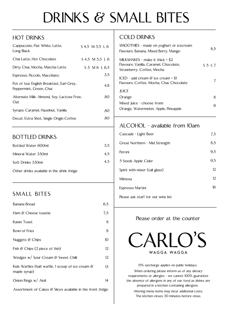 Menu — Carlo's Cafe & Restaurant Wagga | Wagga Catering