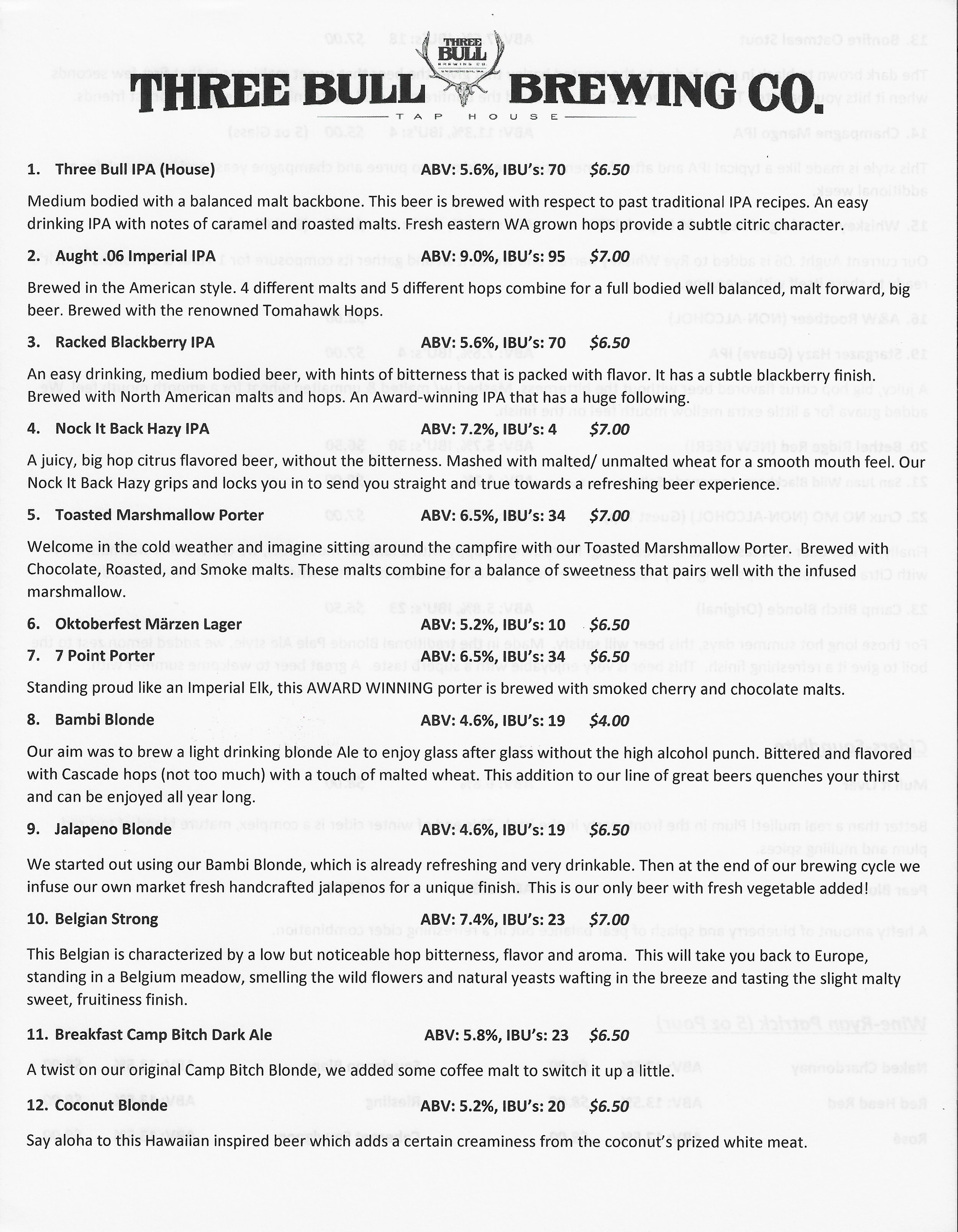 Beer, Cider & Wine Menu — Three Bull Brewing