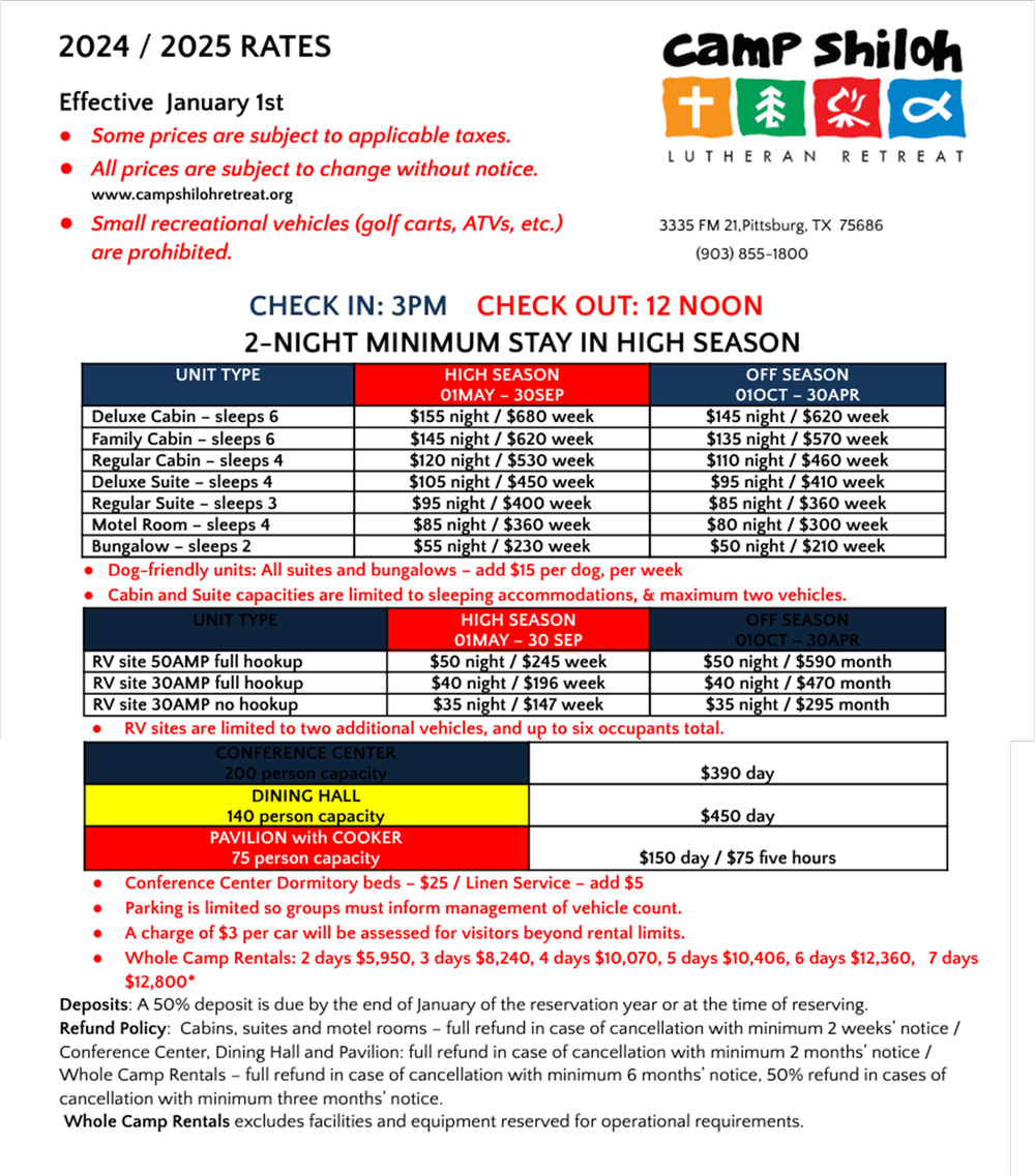 RENTAL PRICING — Camp Shiloh