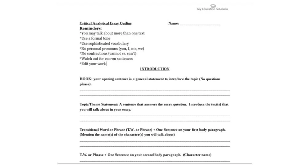 Critical Analytical Essay Outline (High School Essay Template) — Sey ...