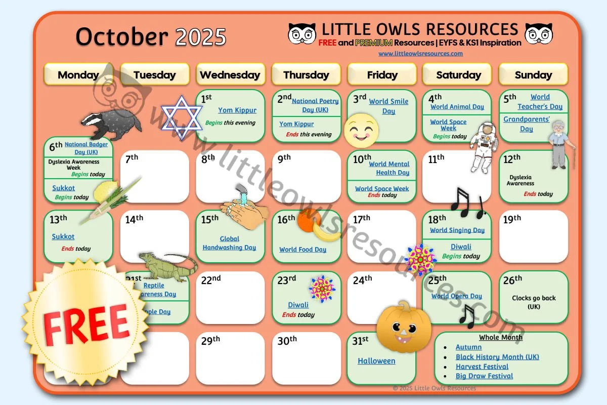 FREE October 2025 Special Date Events Calendar | EYFS & KS1 Download ...