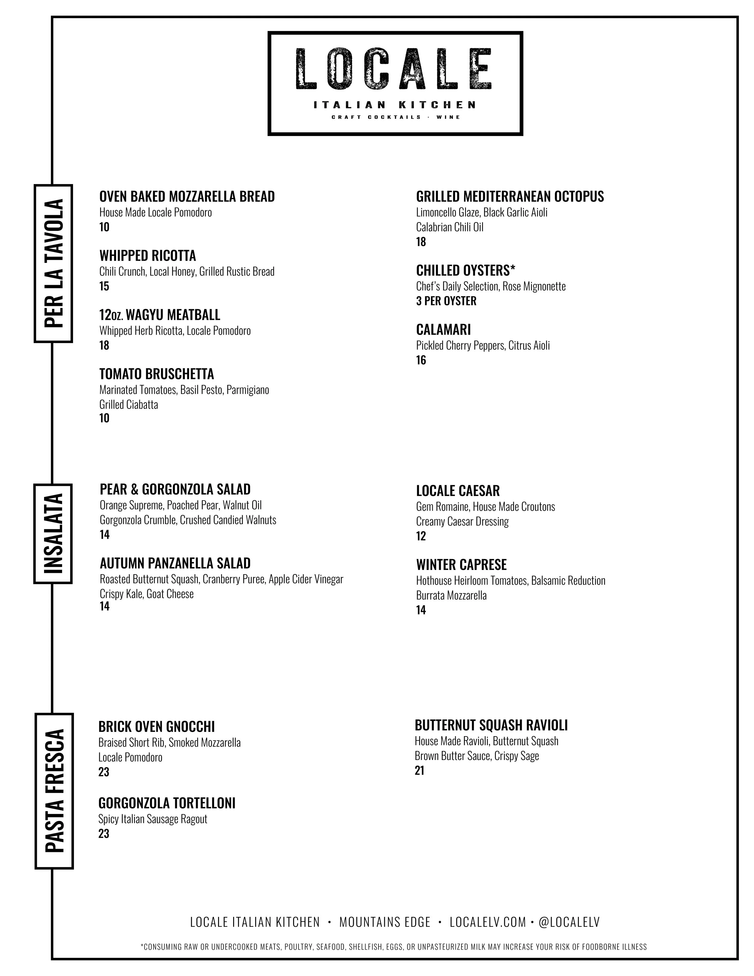 DINNER MENU — LOCALE ITALIAN KITCHEN