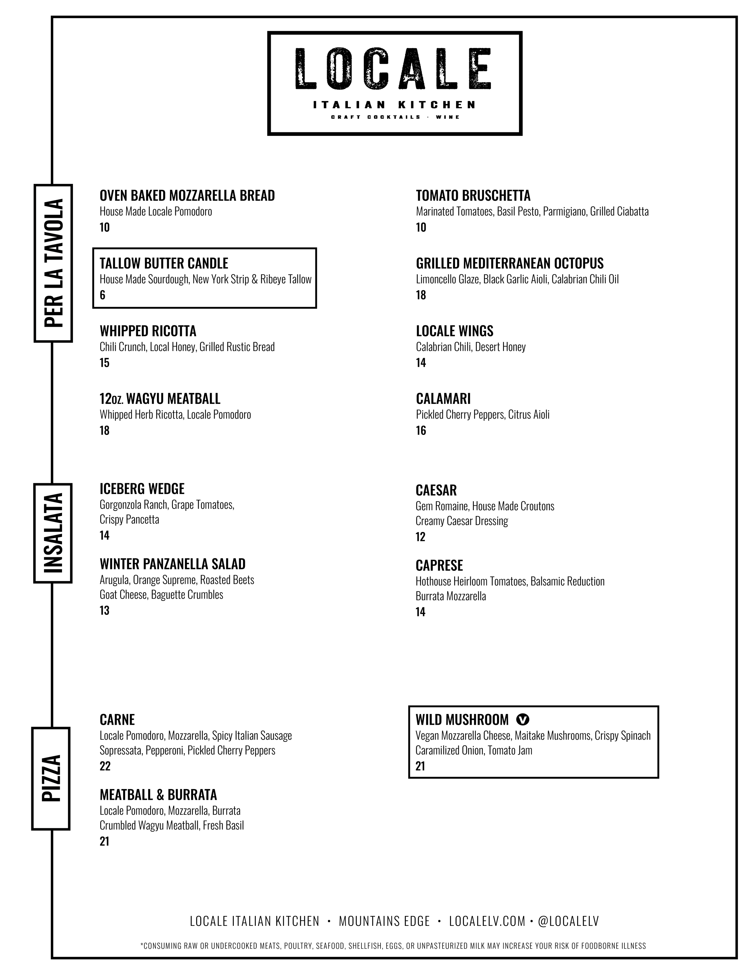 DINNER MENU — LOCALE ITALIAN KITCHEN