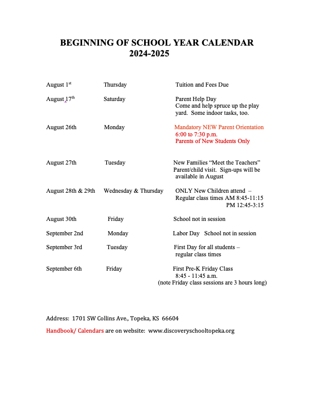 Beginning of School Year Calendar — Discovery School, Montessori Preschool