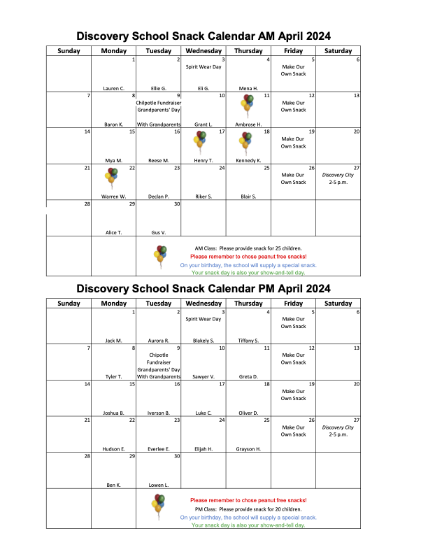Snack Calendars — Discovery School, Montessori Preschool