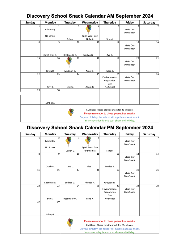 Snack Calendars — Discovery School, Montessori Preschool