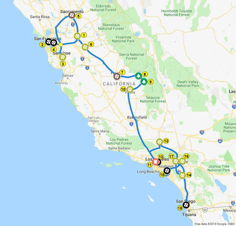 California Baseball Road Trip -- Travel — Mapping the path