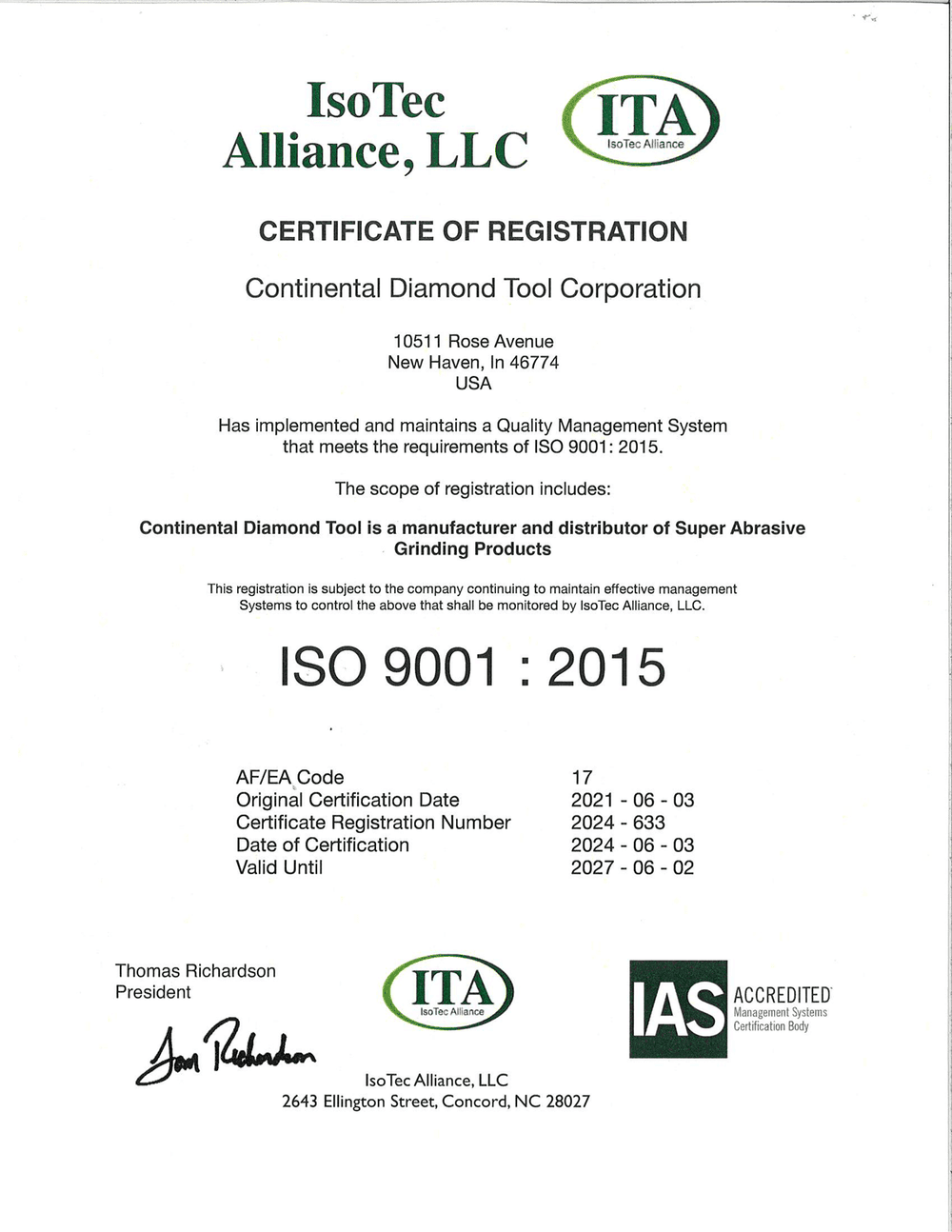Is Continental Diamond Tool ISO 9001 Certified?
