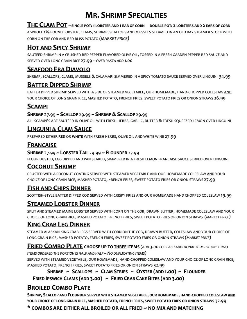 Dining Menu — Mr. Shrimp
