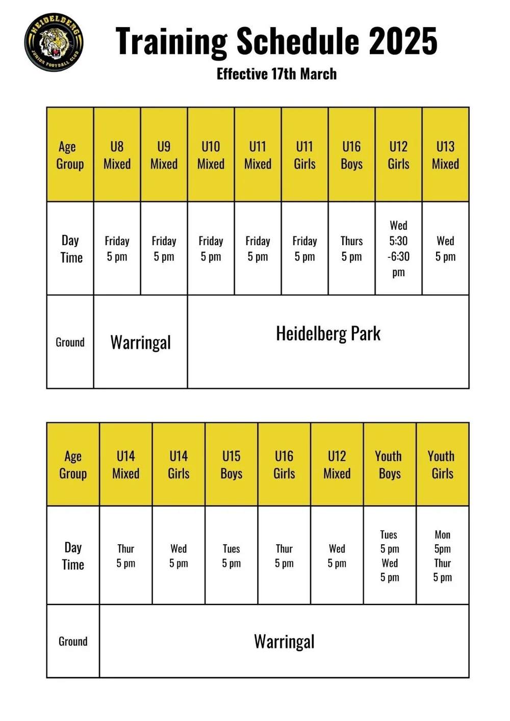 2025 - Training Schedule — Heidelberg Junior Football Club