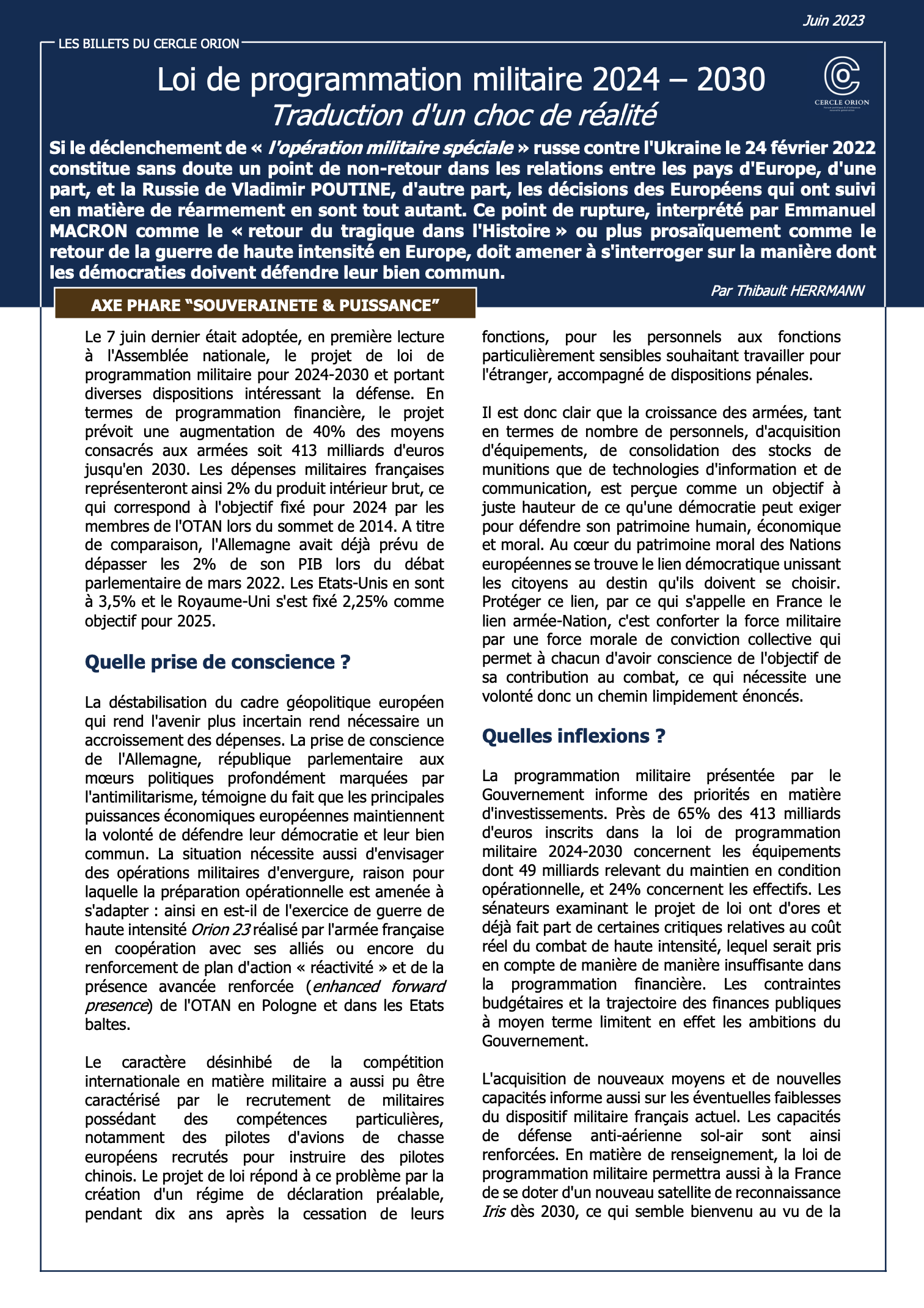 Loi de programmation militaire 2024-2030 — Cercle Orion - Forger l'excellence, assumer la relève ...