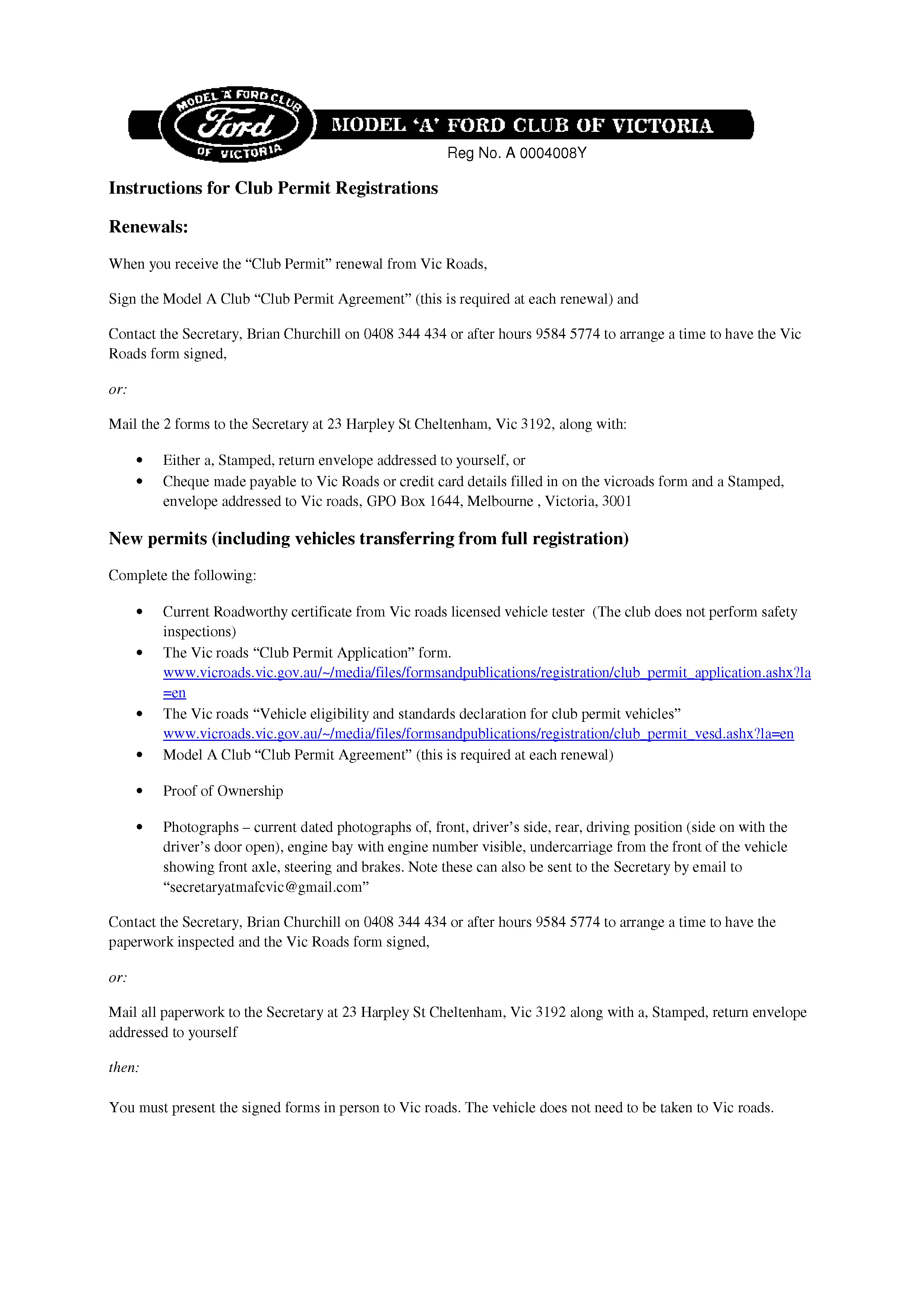 Forms — Model 'A' Ford Club Of Victoria