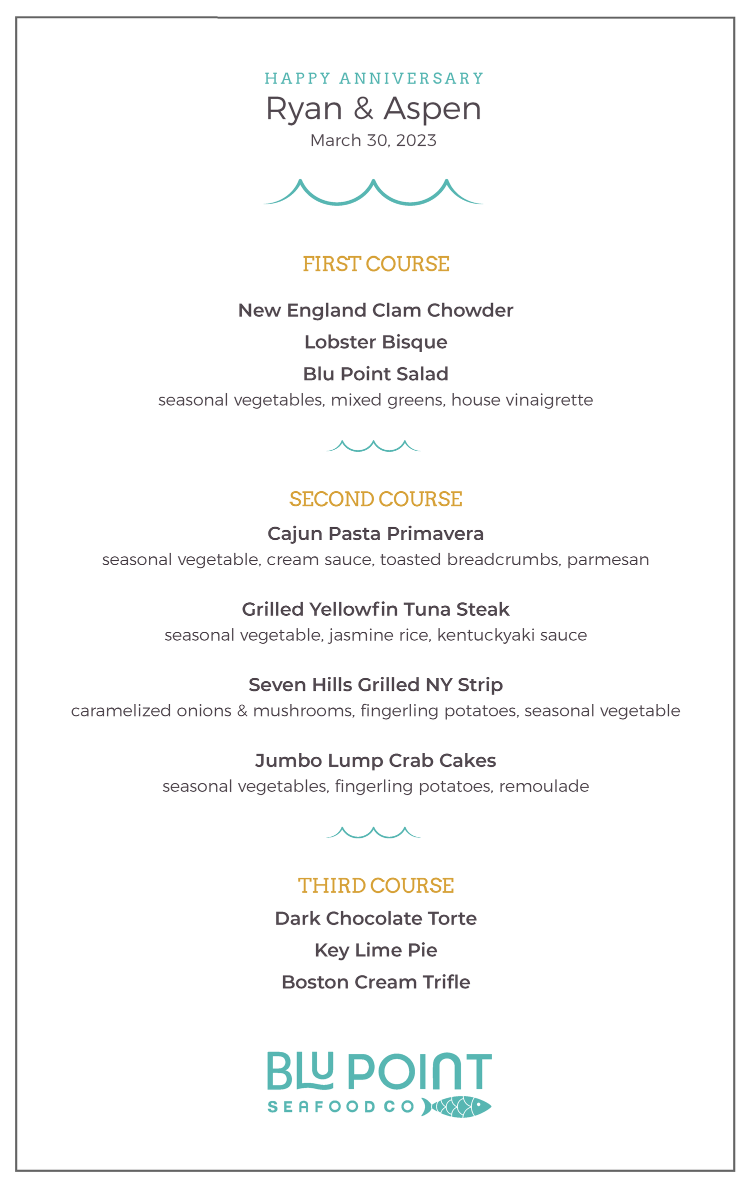 Sample Dinner Menu — BLU Point Seafood Co