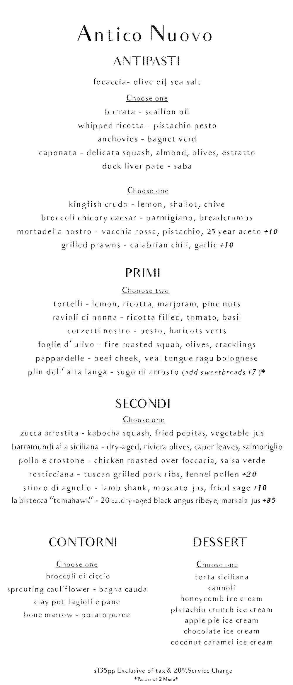 Antico Nuovo Restaurant — Menu
