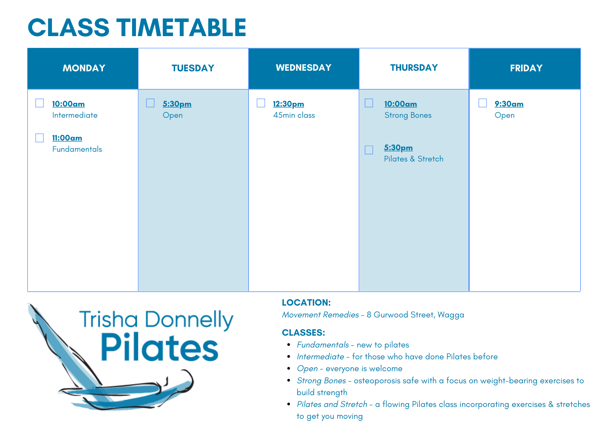 Class Timetable — Trisha Donnelly Pilates | Pilates Wagga Wagga